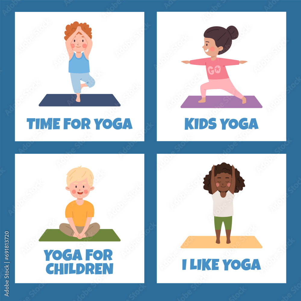 Posters set with girls and boys in yoga poses and motivational slogan ...