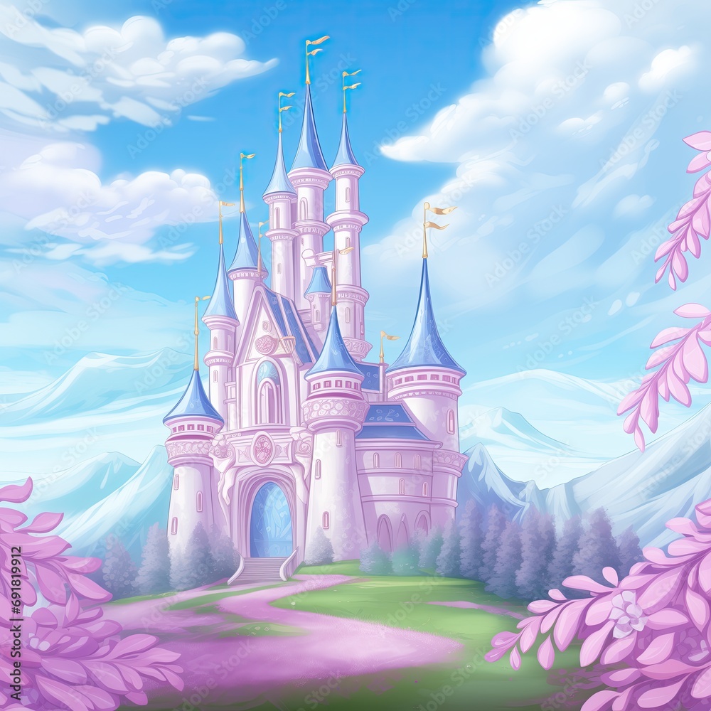Pink castle. Fairytale. An illustration of an imaginary fantasy world ...