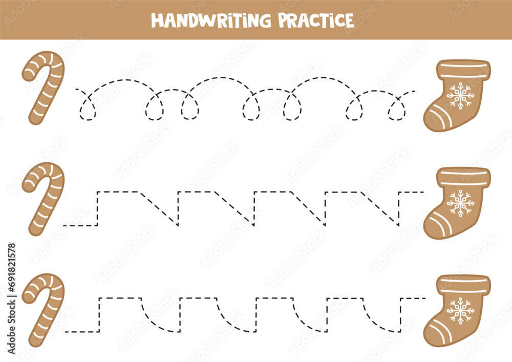 Tracing lines for kids. Cute cartoon gingerbread candy cane and ...