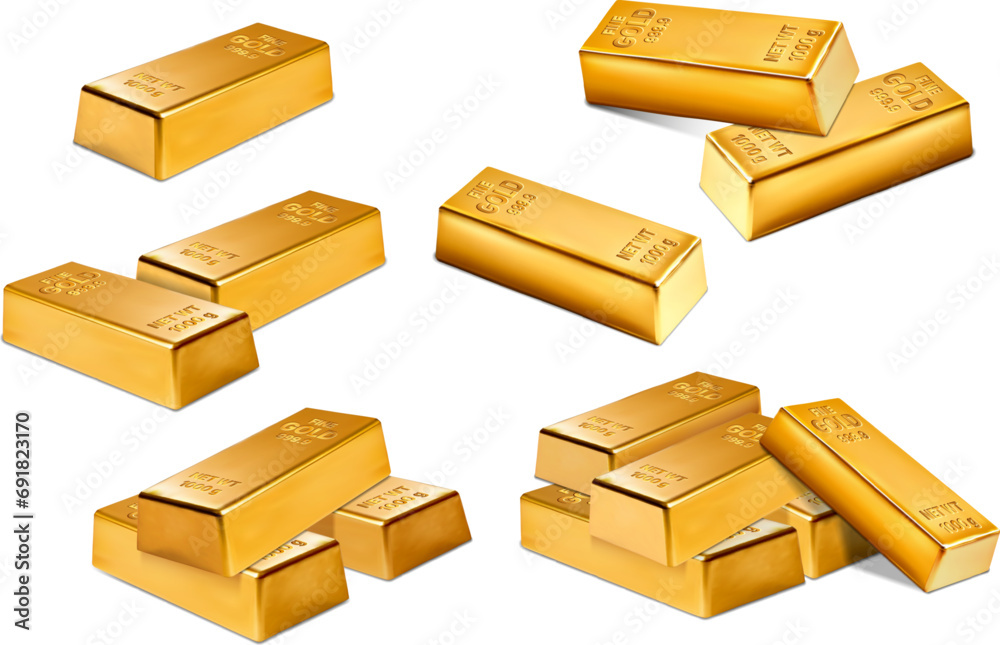 Set of several different stacks of gold bricks in different numbers and ...