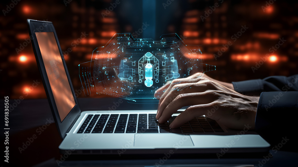 Hand show virtual laptop computer with CYBER SECURITY Business ...