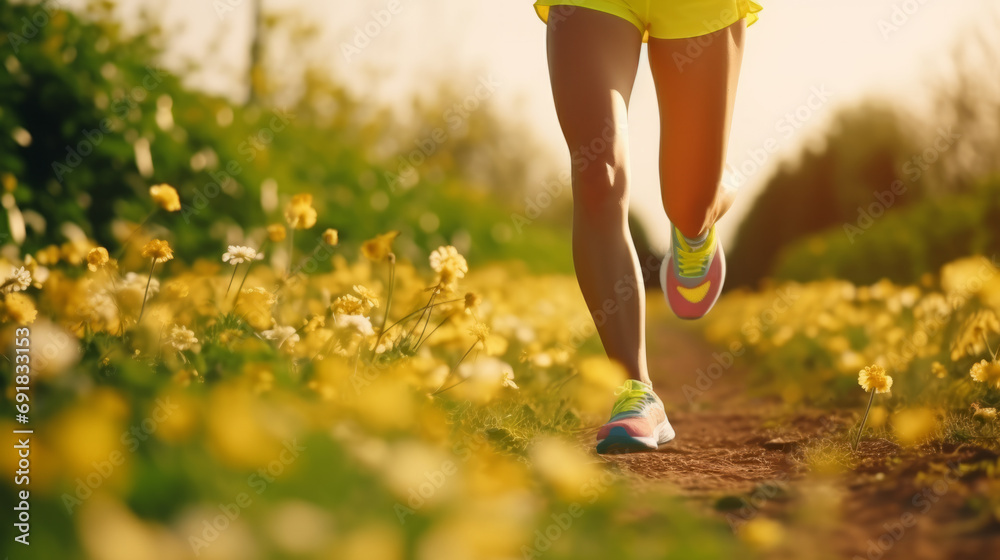 Legs of a female runner jogging in flower field in spring season ...