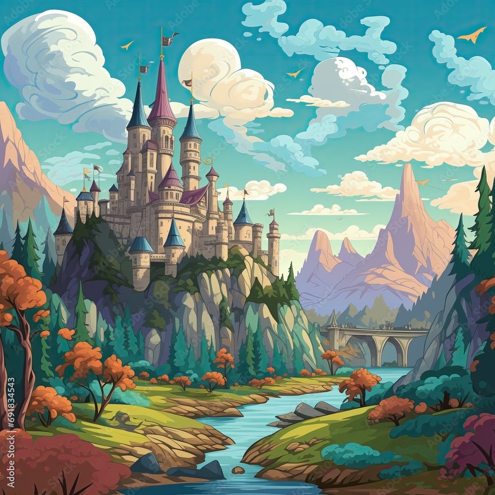 Cartoon illustration of a castle with a lot of towers built on cliff ...