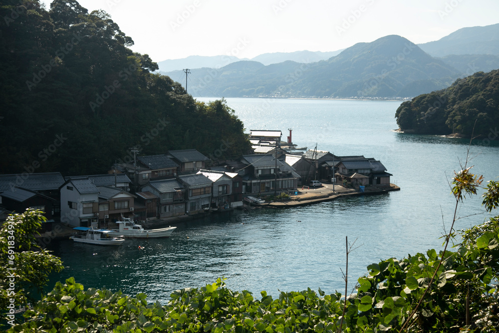 Beautiful fishing village of Ine in the north of Kyoto. Funaya or boat ...
