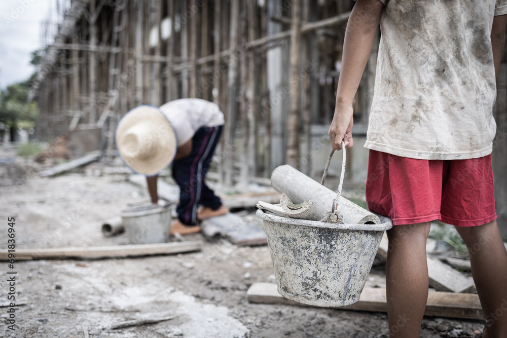 Concept of child labor, poor children being victims of construction ...