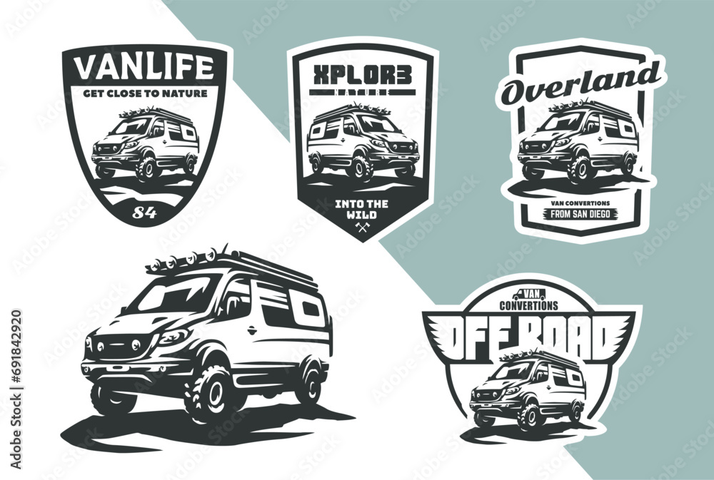 Set of offroad camper van emblems and logo. Logotype for van conversion ...