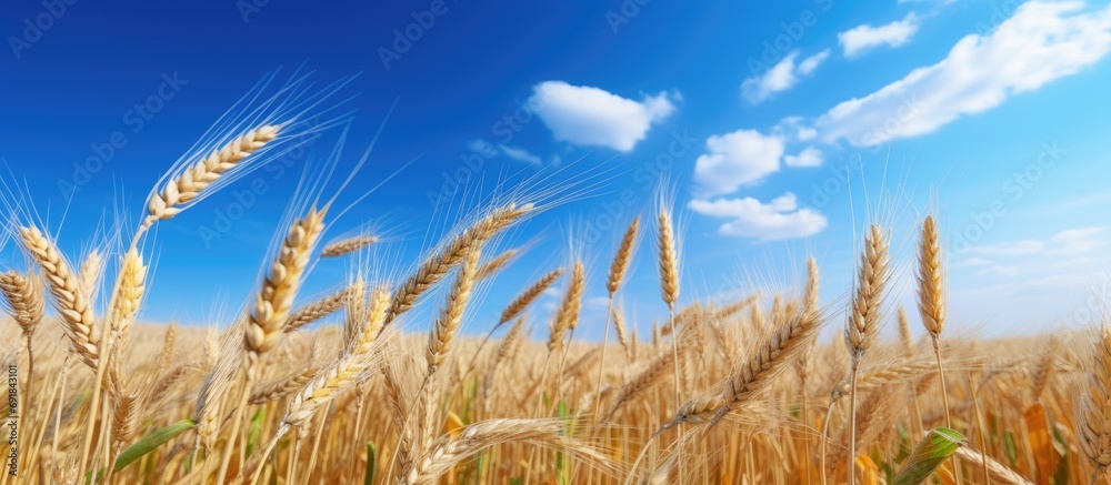 Wheat crops growing under blue sky. Essential food. Stock Photo | Adobe ...