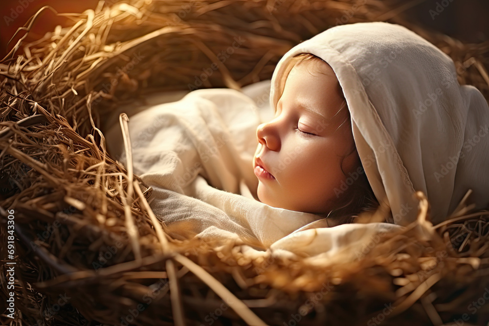The nativity of Jesus, Baby Jesus is lying in the manger on the hay ...