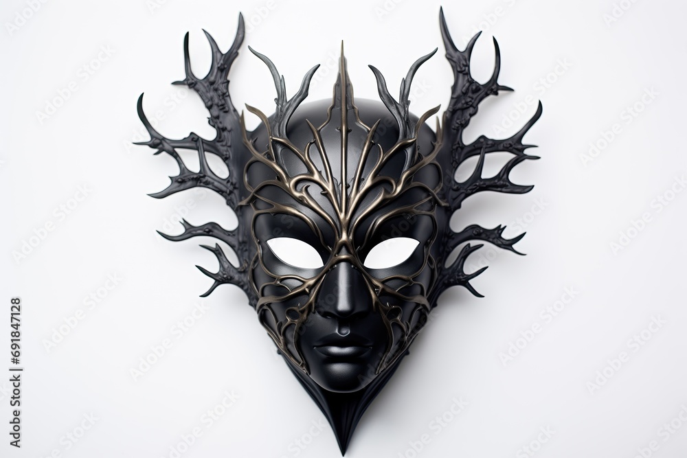 Black horned leather mask on white background. Enigmatical, mysterious ...