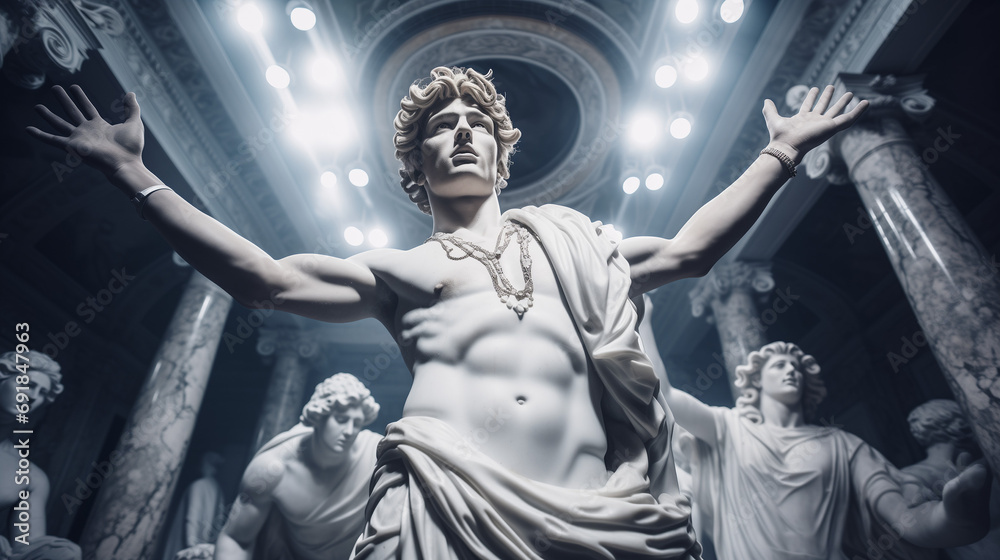 Statues of Greek gods at a party in an ancient Greek temple. Stock ...