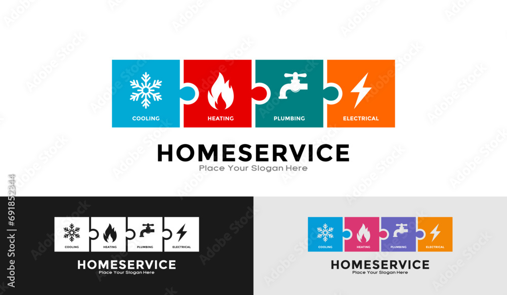 Home service cooling, heating, plumbing, electrical puzzle set logo ...