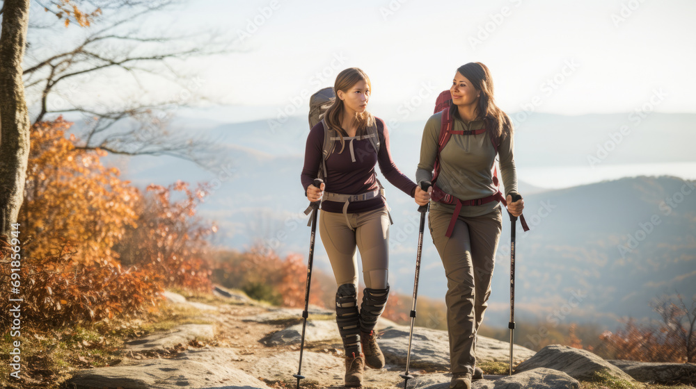 Two women hiking in valley and mountains on sunny autumn day Stock ...