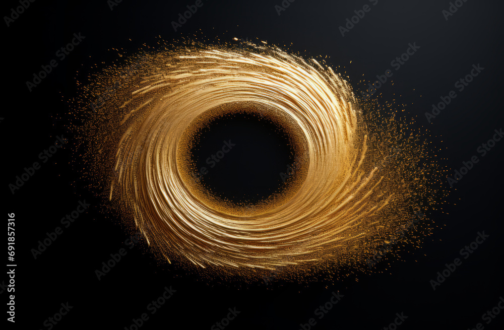 Golden glittery dust swirl on black with center copy space Stock ...