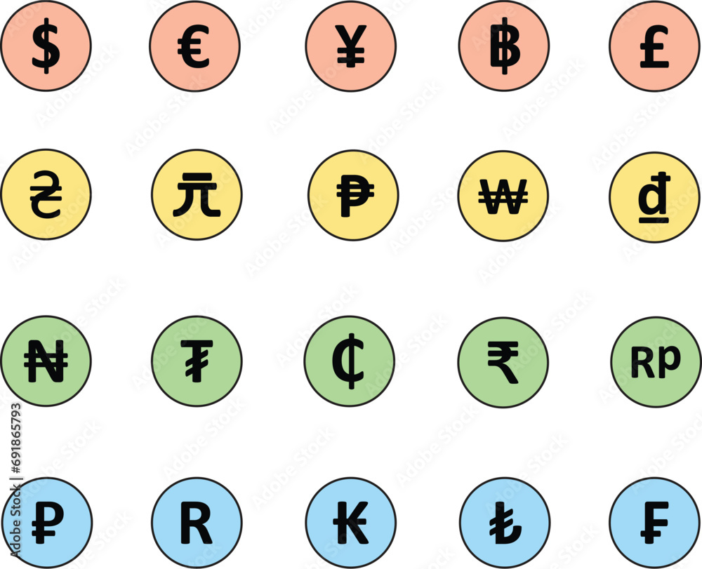 Various popular international currency symbol icon in the world flat ...