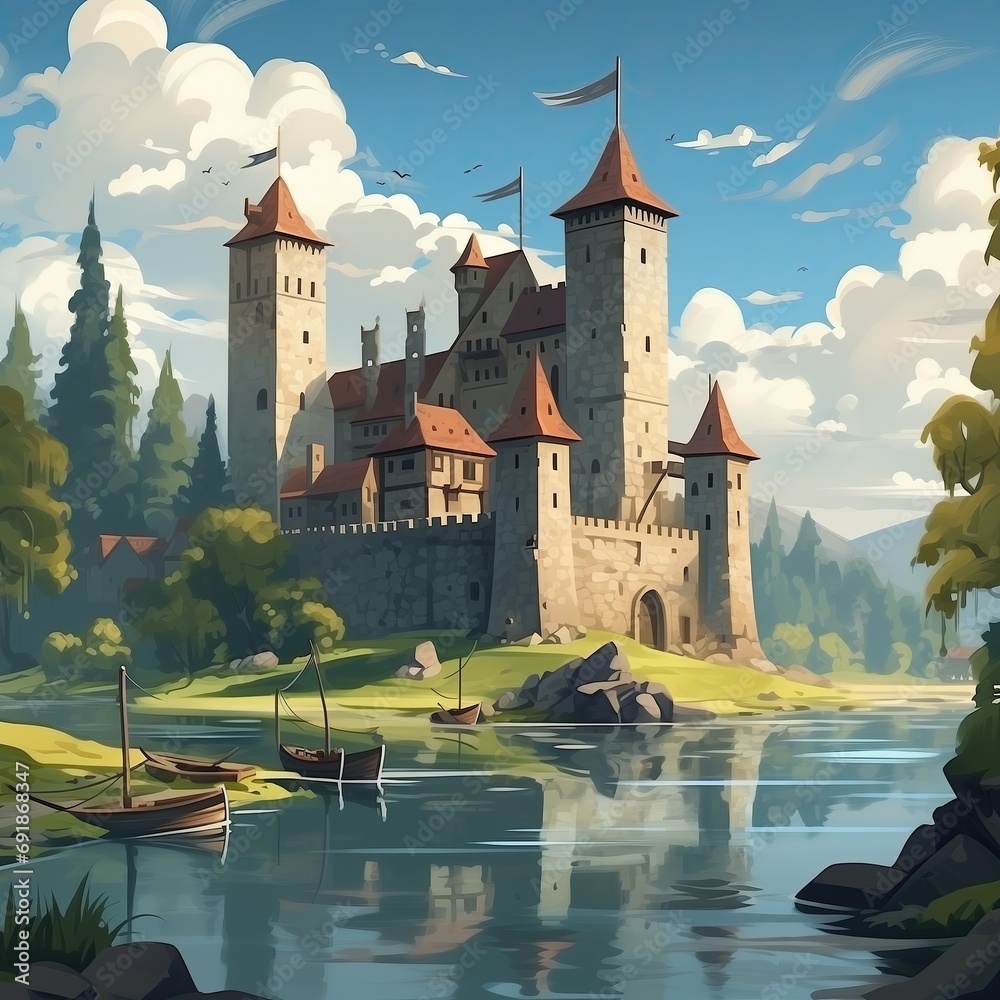 An illustration of an imaginary fantasy world. Kingdom. Cartoon castle ...
