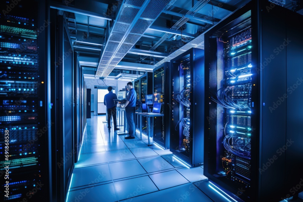 Data center. Server racks in server room data center. A modern data center featuring multiple ...