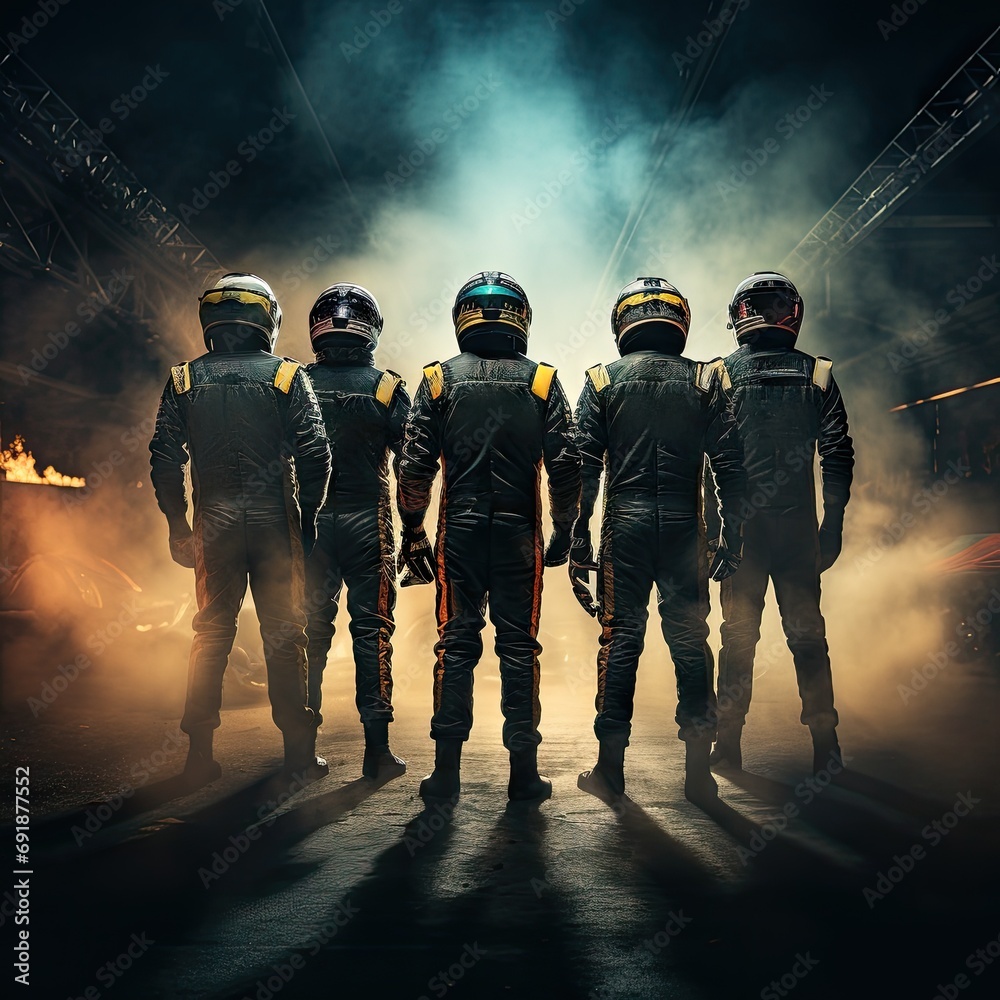 Men in leather costumes and helmet, racers standing in a line over dark ...