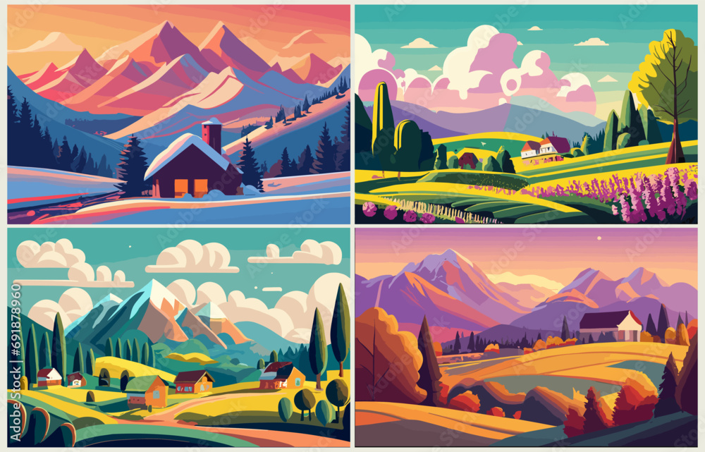 Set of four seasons backgrounds, banners. Winter, spring, summer ...