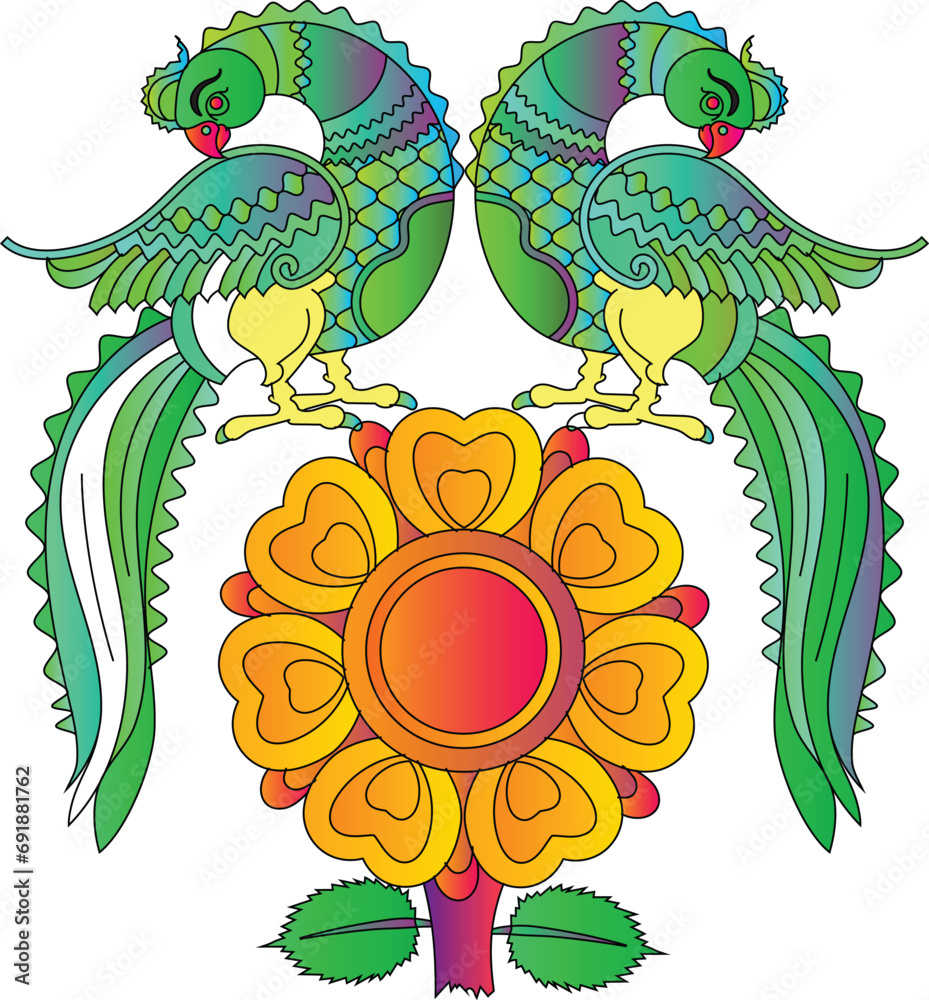 Kalamkari Indian traditional art on linen fabrics. parrot design on a ...