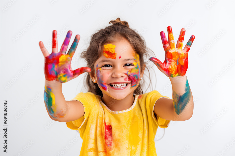 Niña sonriente con las manos pintadas Stock Photo | Adobe Stock