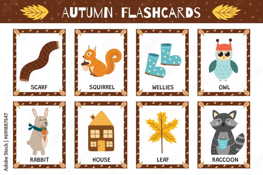 Autumn flashcards collection for kids. Flash cards set with cute ...