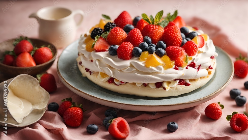 Detailed food photography, pavlova cake, rich textures, overhead shot ...