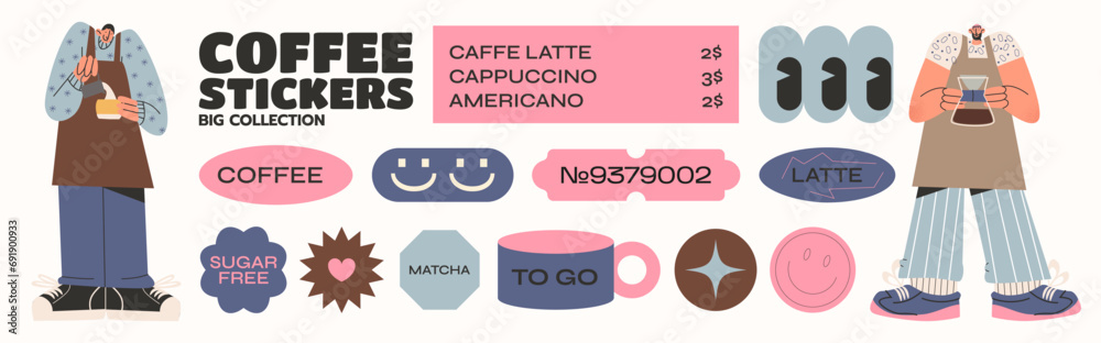 Coffee stickers and barista characters. Arabica coffee glass,espresso ...