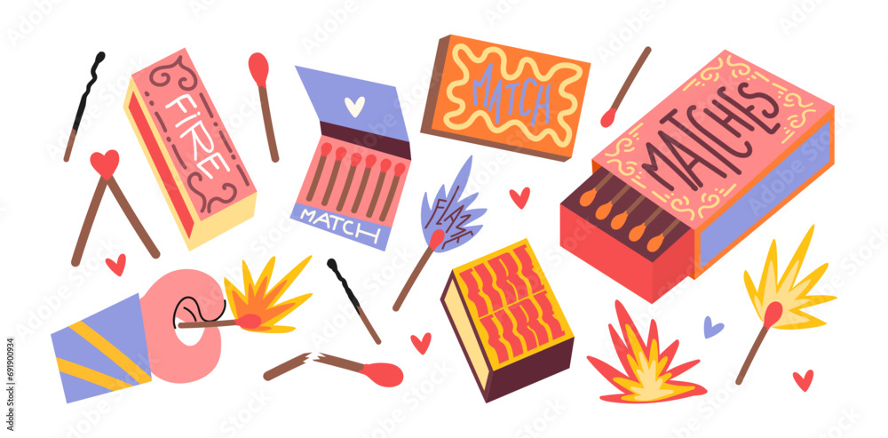 Set cartoon matches. Burning fire, matchboxes, match burns, flame ...