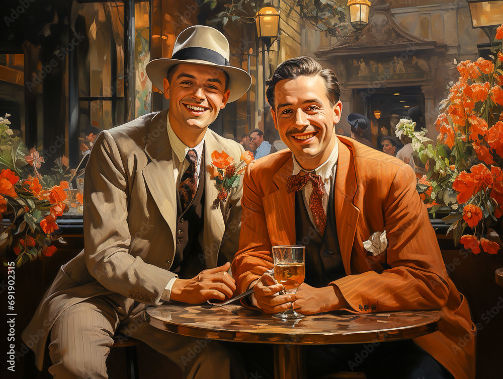 Two smiling businessman 1920s in a cafeteria european town square Stock ...