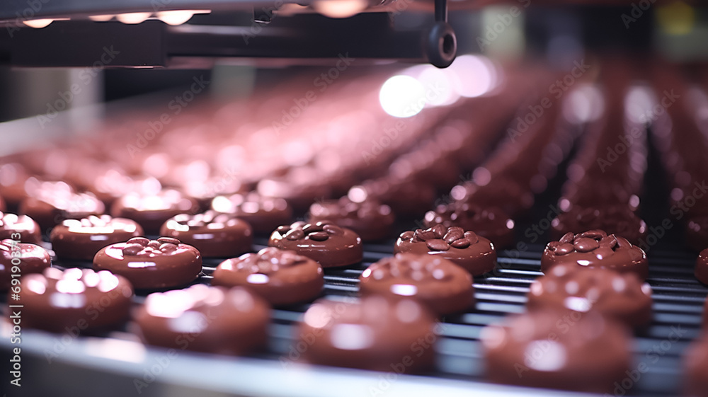 Chocolate factory's conveyor process close up. The chocolate factory ...