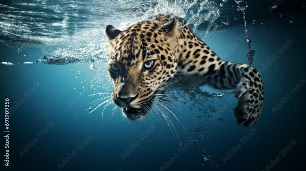 Leopard jump into a water. Underwater photography. Animal dive into the ...
