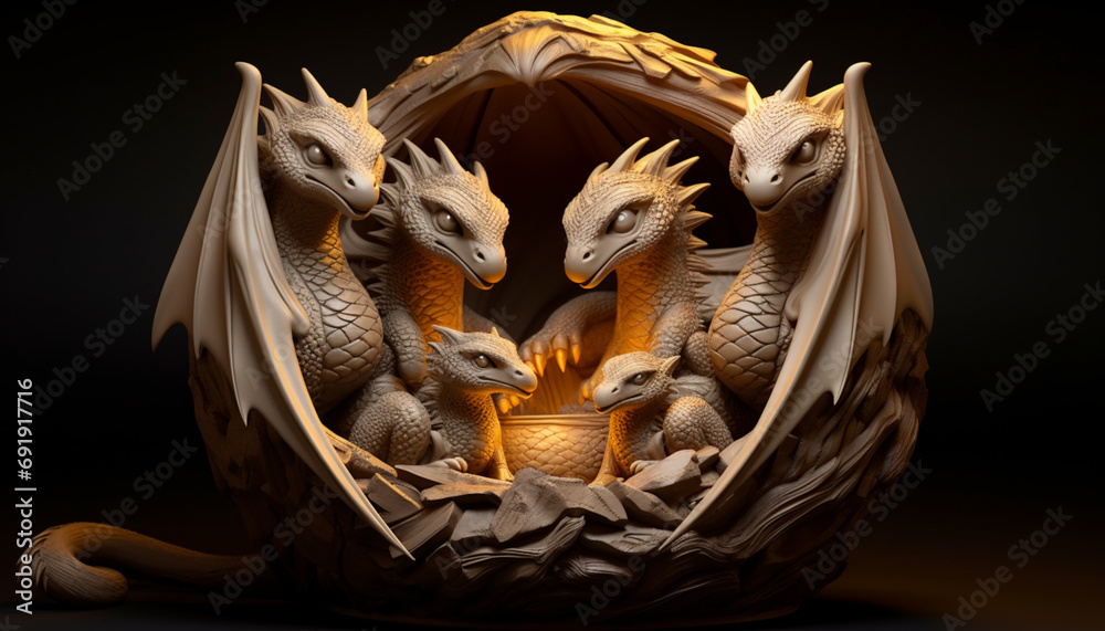 Design a 3D model of a dragon family nestled together in a cozy nest ...