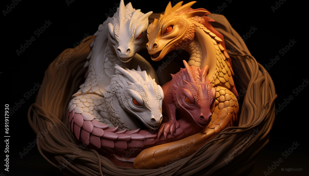 Design a 3D model of a dragon family nestled together in a cozy nest ...