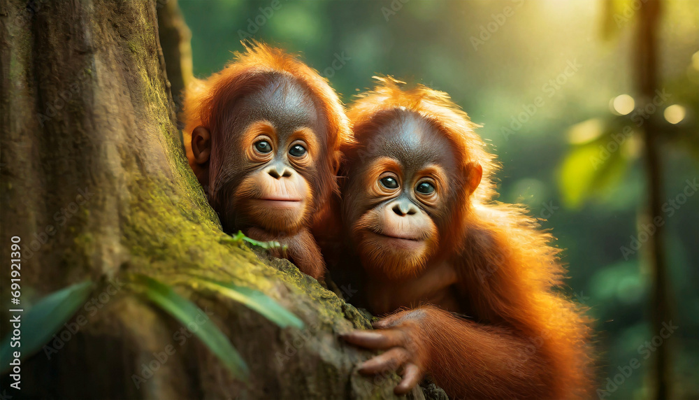 Portrait of two beautiful baby orangutans looking at camera. Two ...