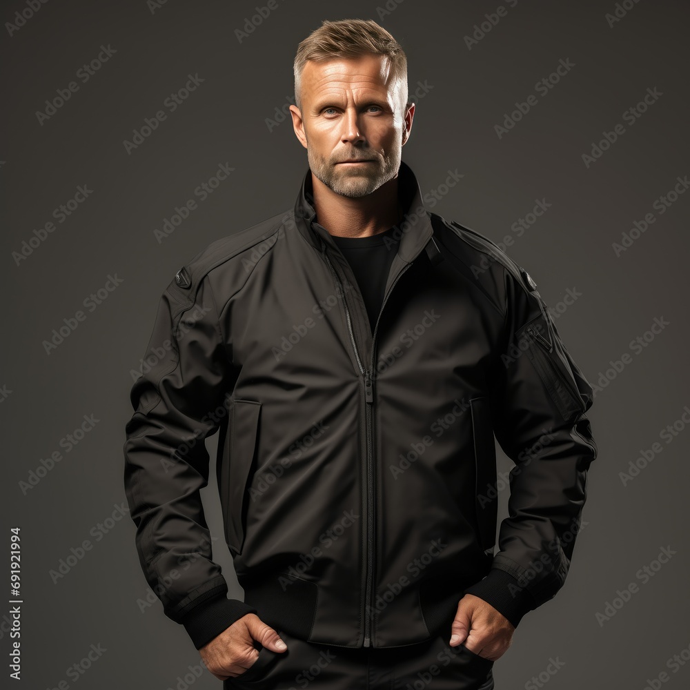 Sharp-focus male fashion model wearing a hyper-realistic bomber jacket ...