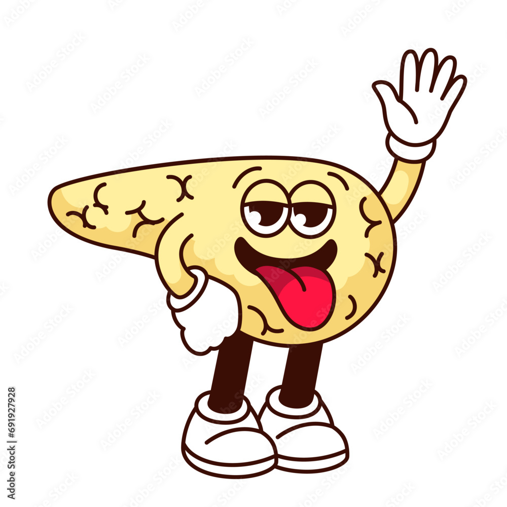 Groovy pancreas cartoon character with sticking tongue. Funny human ...