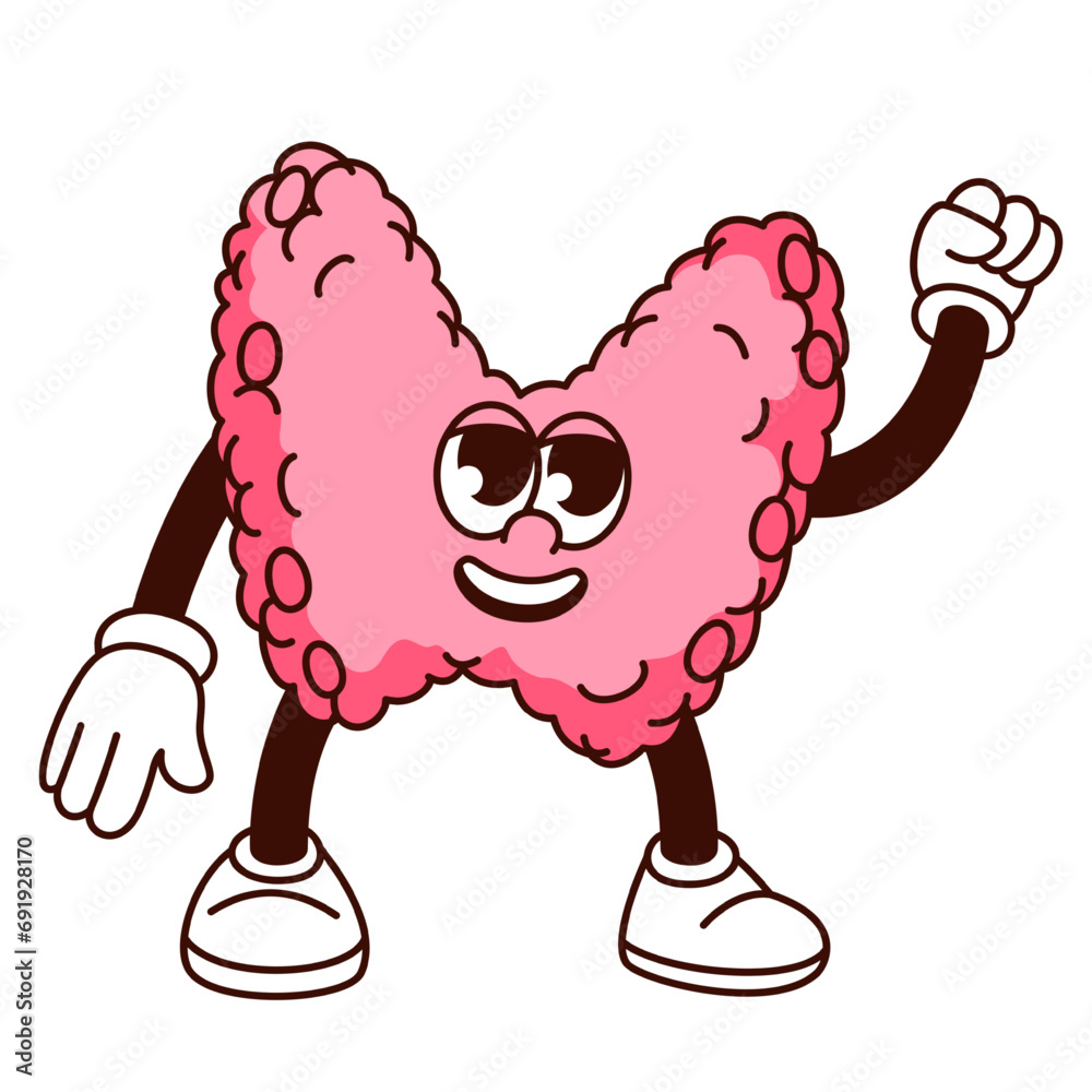 Vektorová grafika „Groovy thyroid cartoon character with fist up. Funny ...