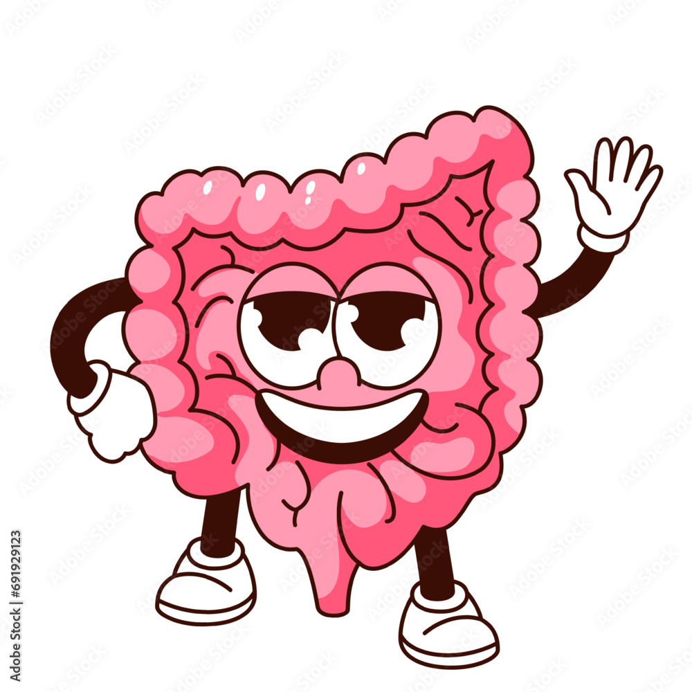 Groovy intestine cartoon character waving hand. Funny healthy internal ...