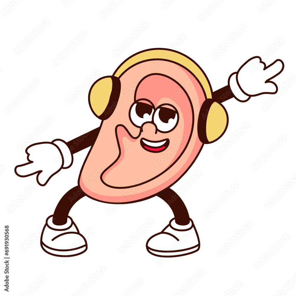 Groovy ear cartoon character with headphones. Funny organ of hearing ...