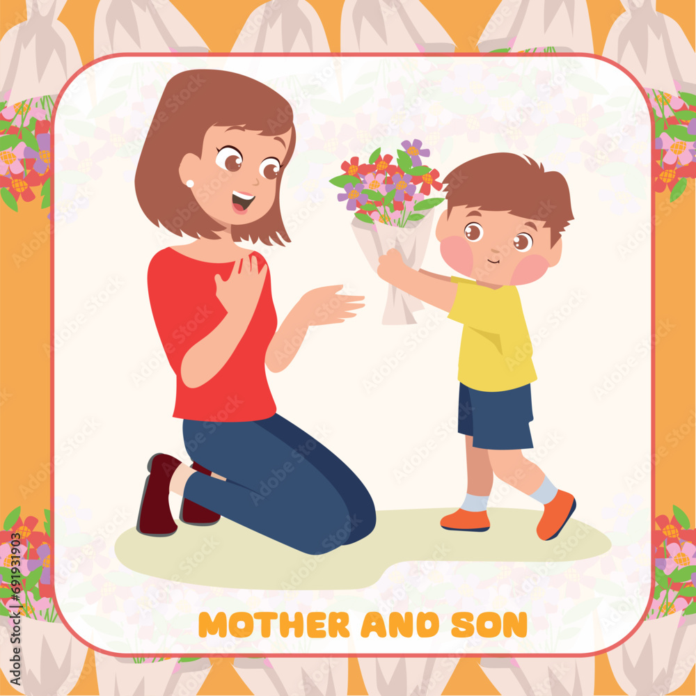 Vector family flashcard. English language game with mother and son ...