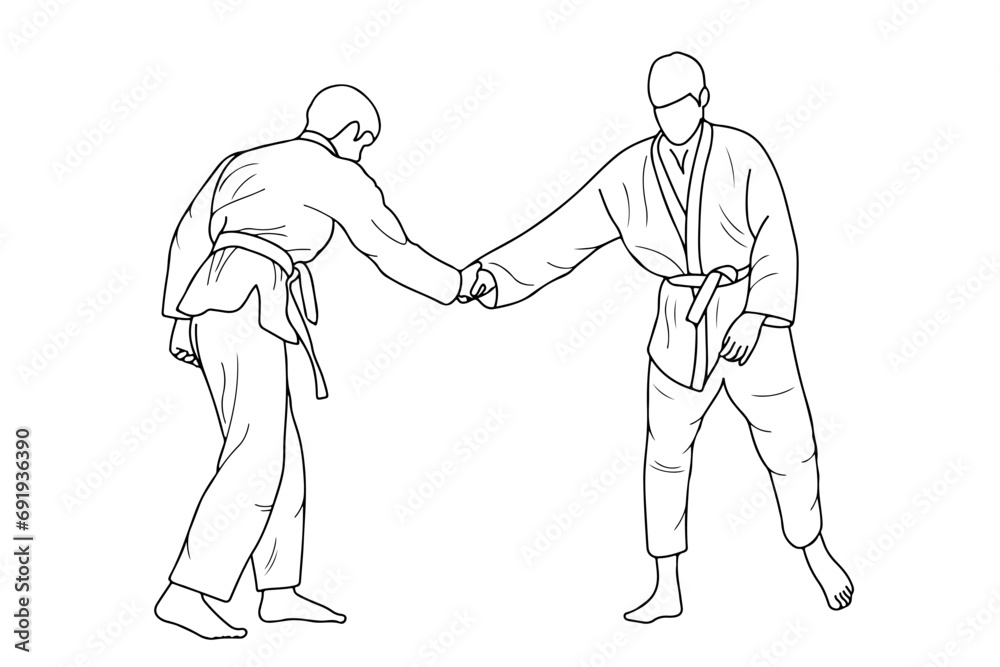 Line drawing of two young sportive judoka fighter. Judoist, judoka ...