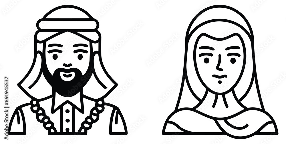Arabic muslim man and woman linear icons. Saudi arab faceless people ...
