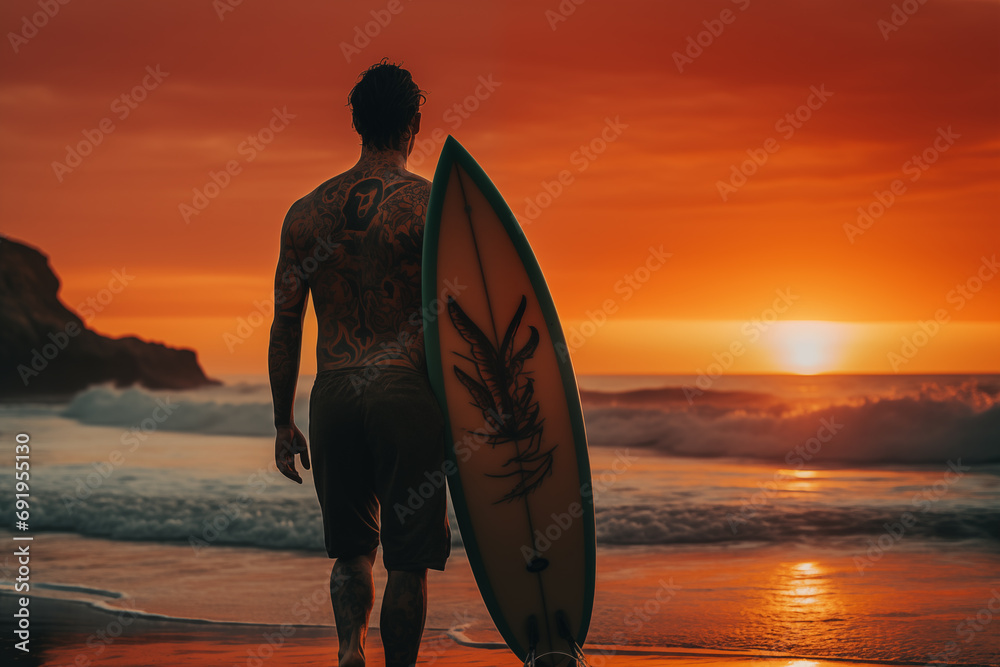 Back view portrait of handsome male surfer with tattoo, brunette hair ...
