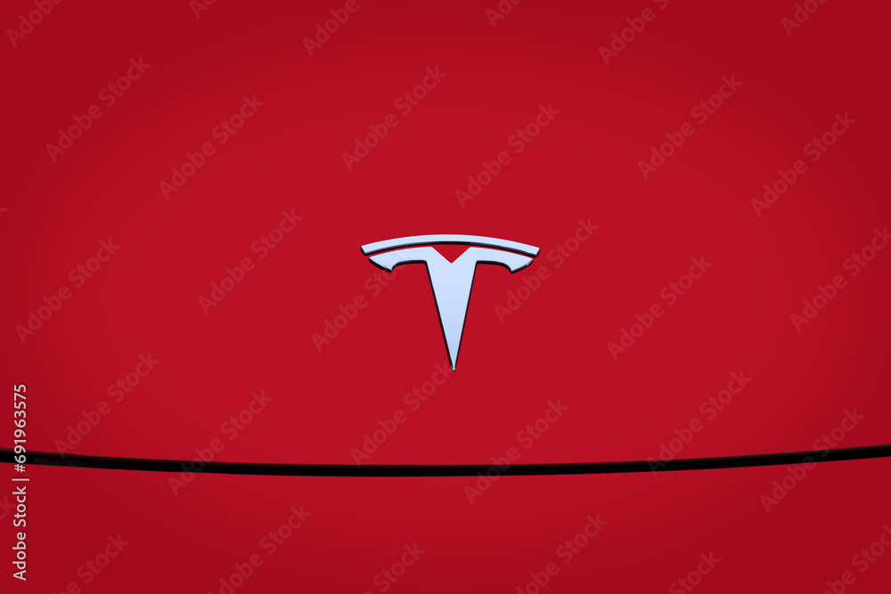 Closeup chromium-plated Logotype Tesla Motors on red hood, most popular ...