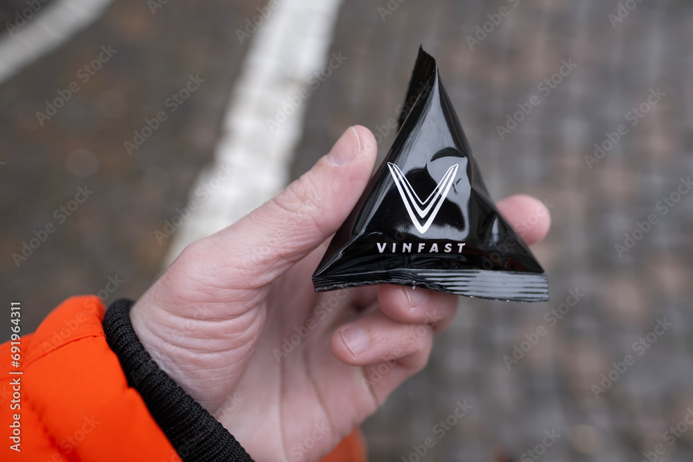 Vinfast emblem, vingroup Logo triangle in male hand, trends EV in ...