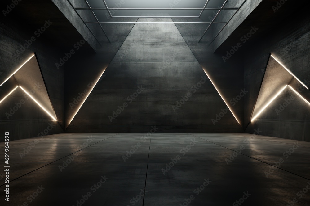 a very dark room with some lights on the ceiling and a long hallway ...