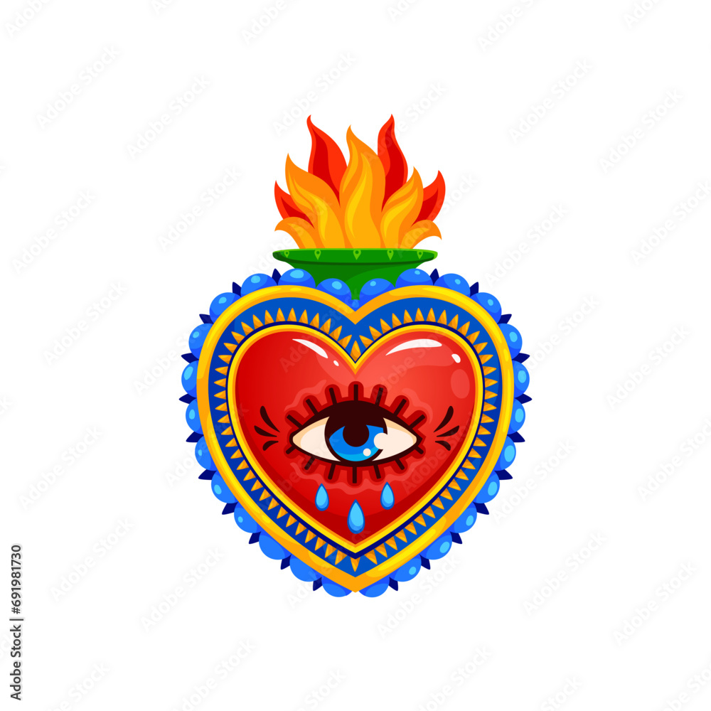 Mexican sacred heart, burning flame and crying eye, vector tattoo or ...