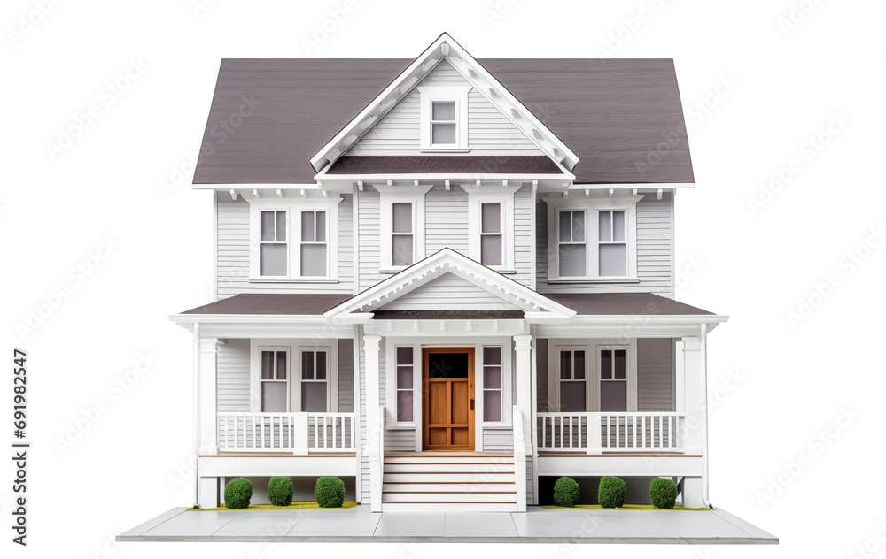 Model of two-story house in classic style, white, gray roof, isolated ...