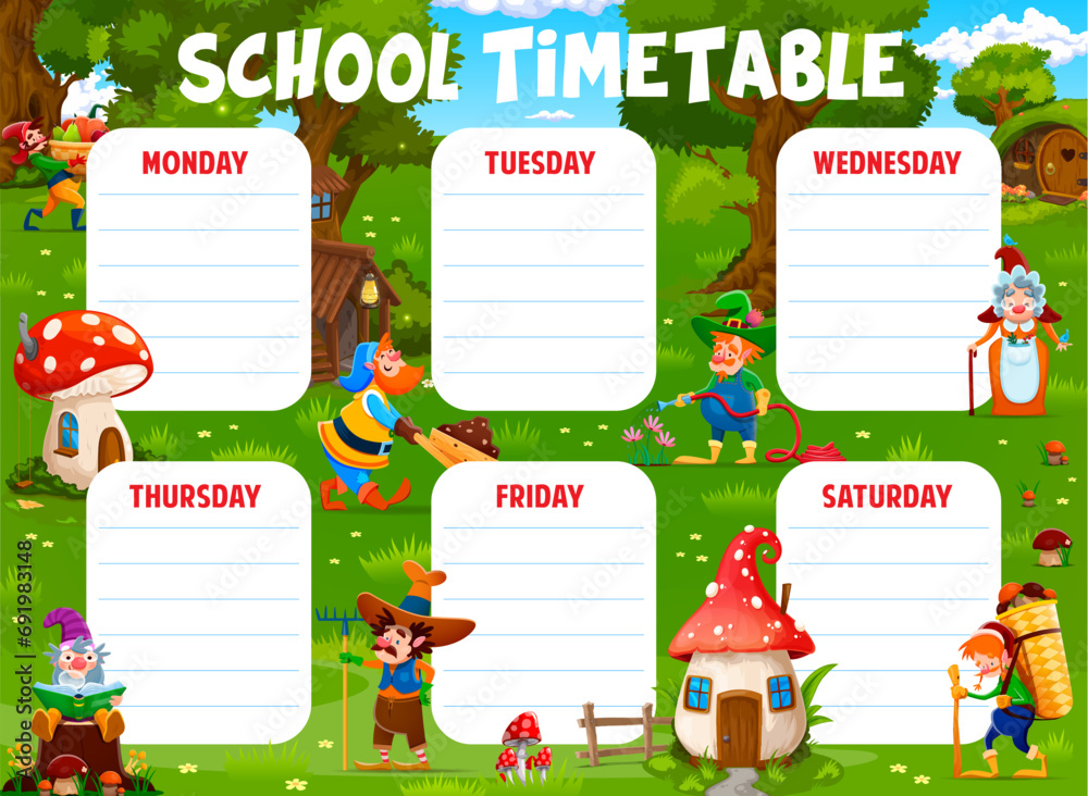 Timetable schedule with cartoon gnome characters at fairytale village ...