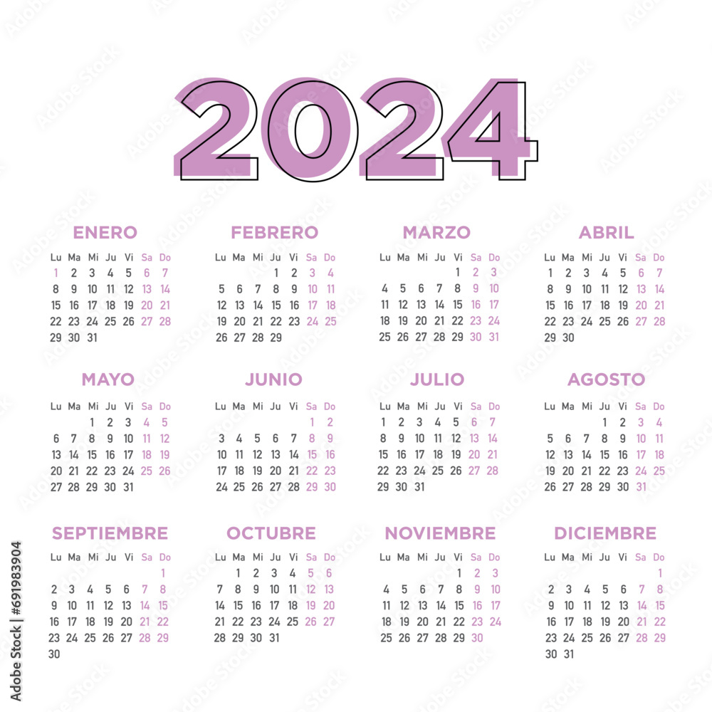 Calendario 2024 Español Semana Comienza El Lunes Stock Vector Adobe